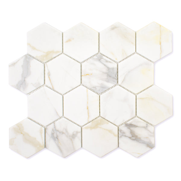 Venetta Calacatta 3" Hexagon Recycled Glass Mosaic - TilesInspired