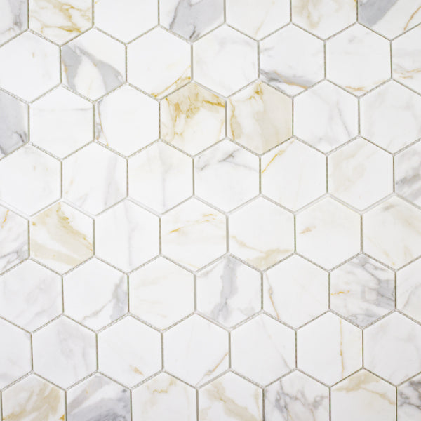 Venetta Calacatta 3" Hexagon Recycled Glass Mosaic - TilesInspired